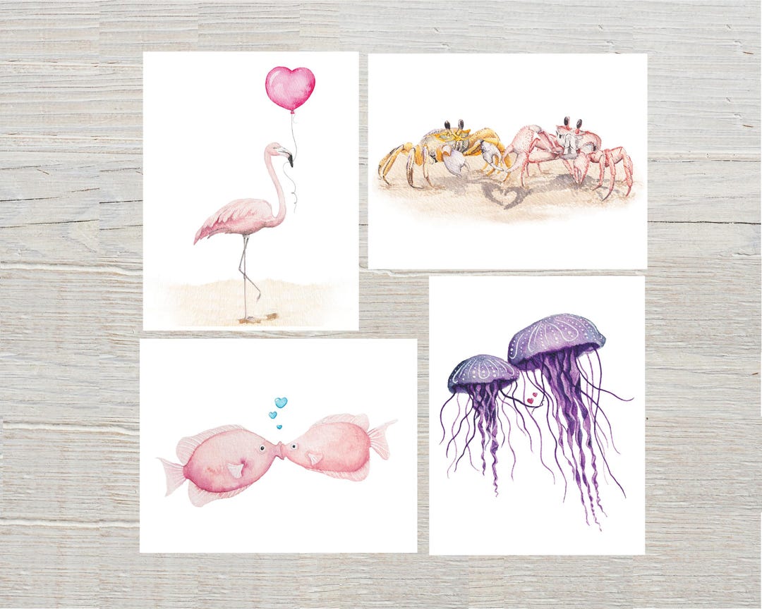 Beach Valentine Card Set – Watercolor Ocean Animal Love Cards, Coastal ...