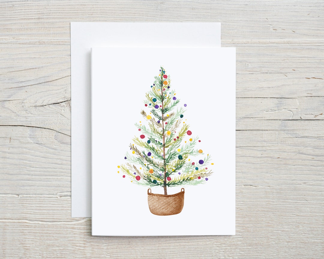 Christmas Tree Note Card, Winter Watercolor Stationary Set, Colorful ...