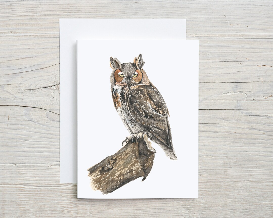 Owl Note Card, Great Horned Owl, Bird Greeting Card, Backyard Birds ...