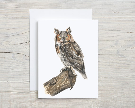 Owl Note Card Great Horned Owl Bird Greeting Card Backyard | Etsy