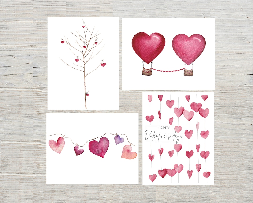 Heart Card Set, Valentine's Day Card Set, Heart-themed Watercolor ...