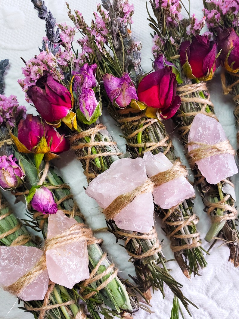 Rose Quartz Rosemary Sage Lavender Smudge stick | Etsy