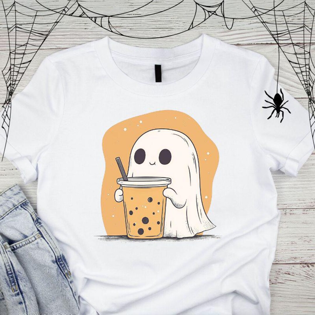 Cute Ghost With Boba Tea Clipart | Whimsical Halloween-themed Digital ...