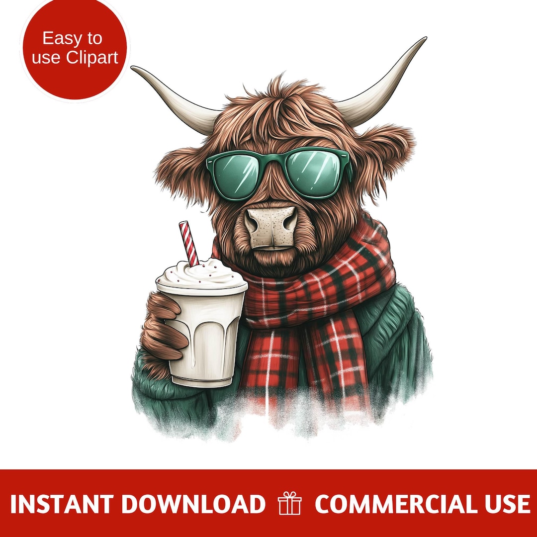 Winter Treat Highland Cow With Milkshake Clipar | Cow PNG | Commercial ...