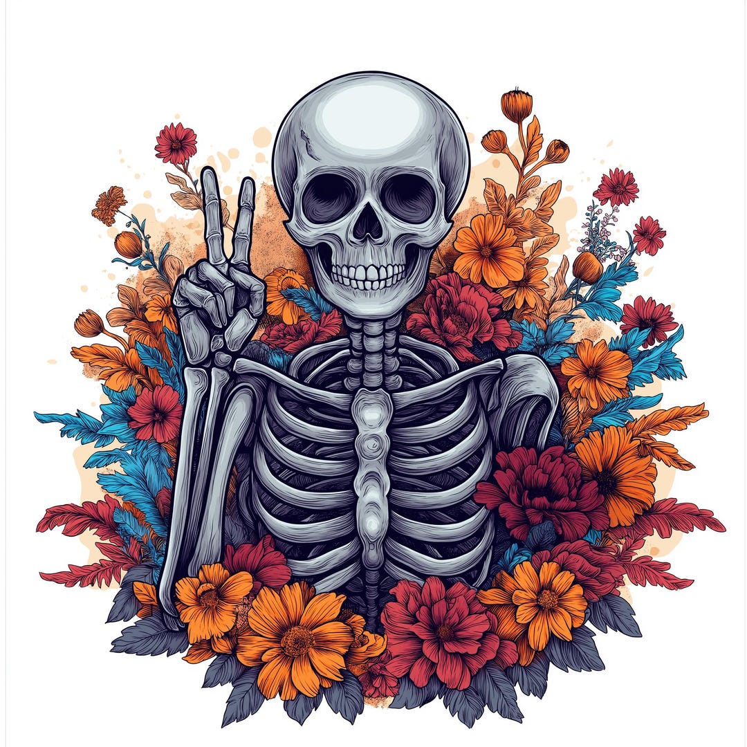Peaceful Skeleton With Vibrant Flowers Clipart | Whimsical Halloween ...