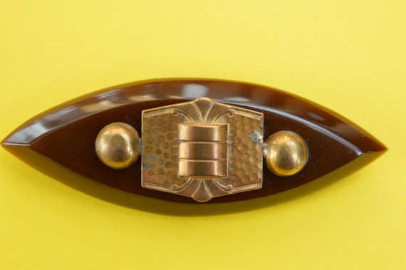 Vintage Bakelite Pin Brown Bakelite with Gold Tone Me… - Gem