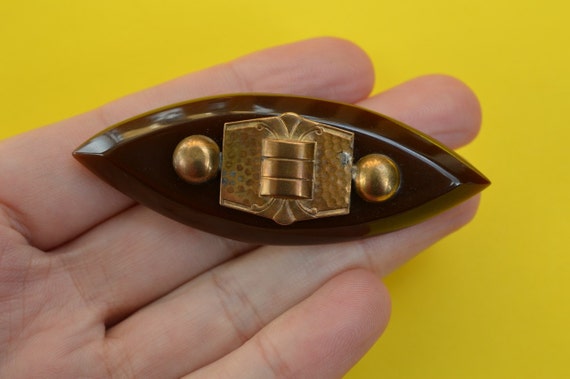 Vintage Bakelite Pin Brown Bakelite with Gold Tone Me… - Gem