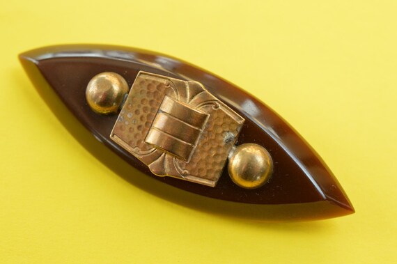 Vintage Bakelite Pin Brown Bakelite with Gold Tone Me… - Gem