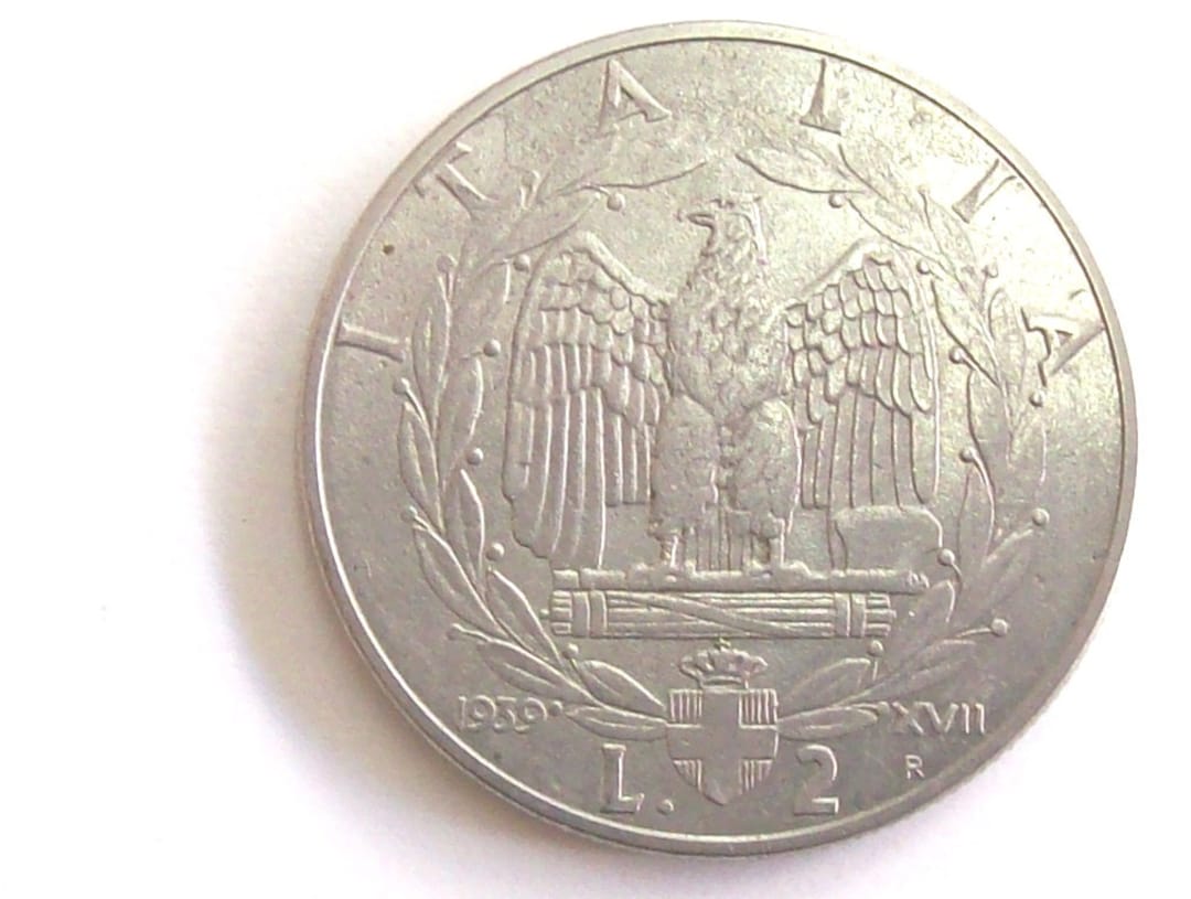 Vintage 1939 Antique Italy Lire 2 Coin. Kingdom of Italy, Vittorio ...