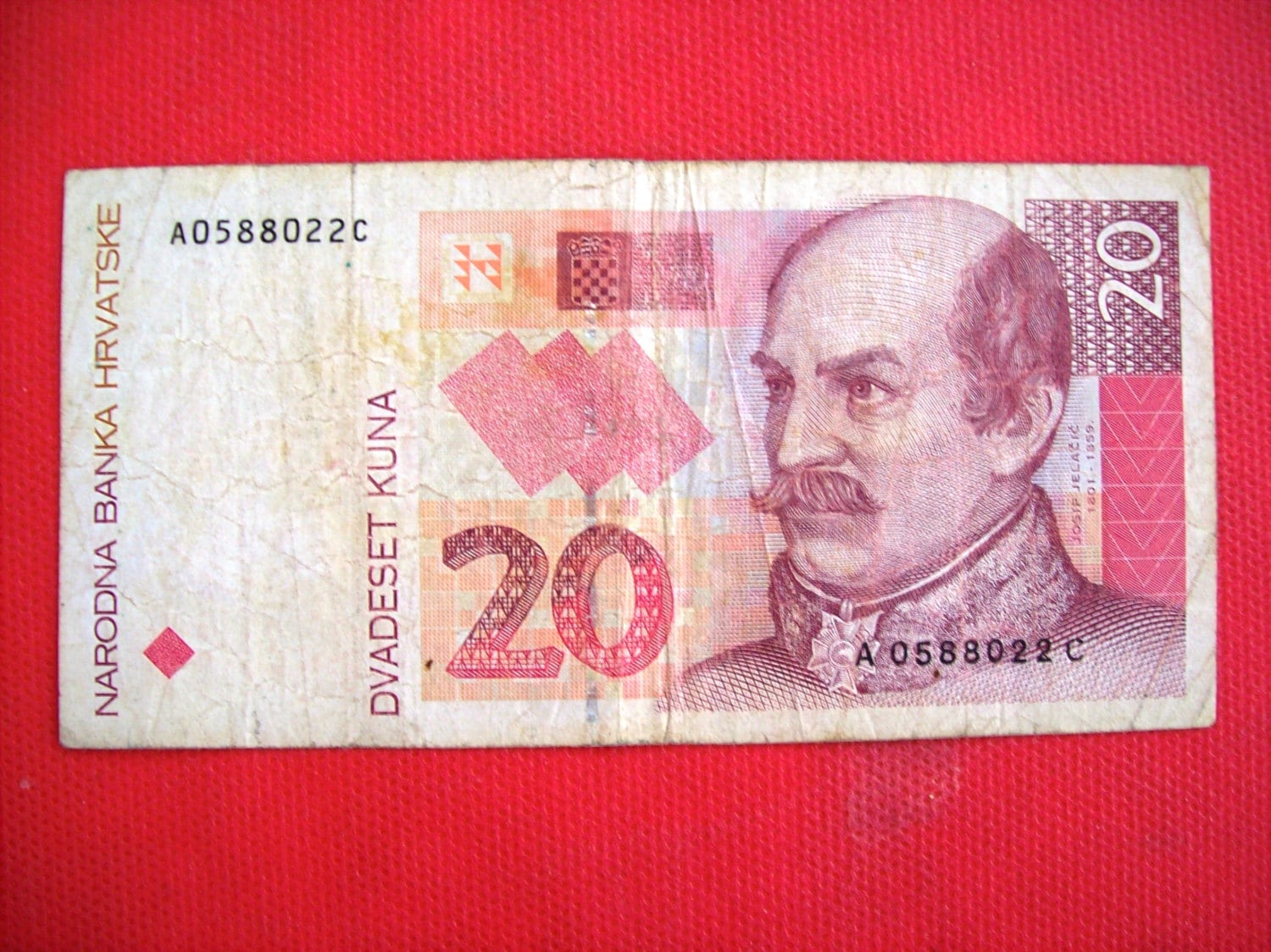 Vintage 1993 Croazia 20 Kuna Banknote. Circulated, Art. 9235 A 0558022 ...