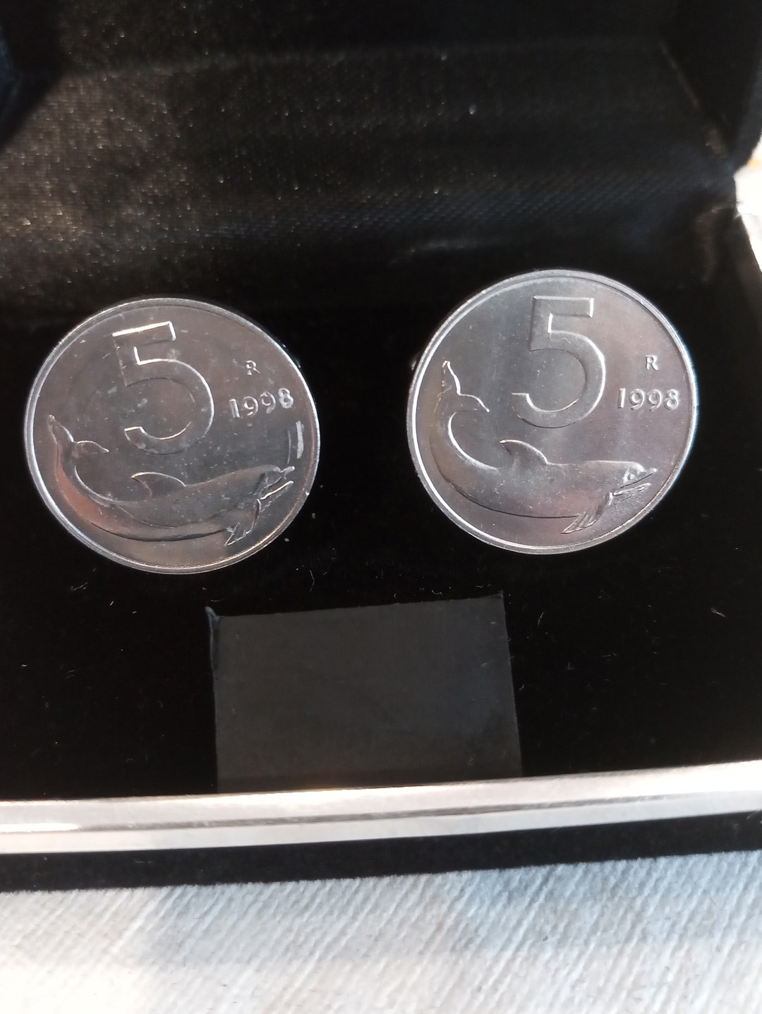 Vintage 1998 Italian Coin Cufflinks.genuine 5 Lire Coins.dolphin, Lucky ...