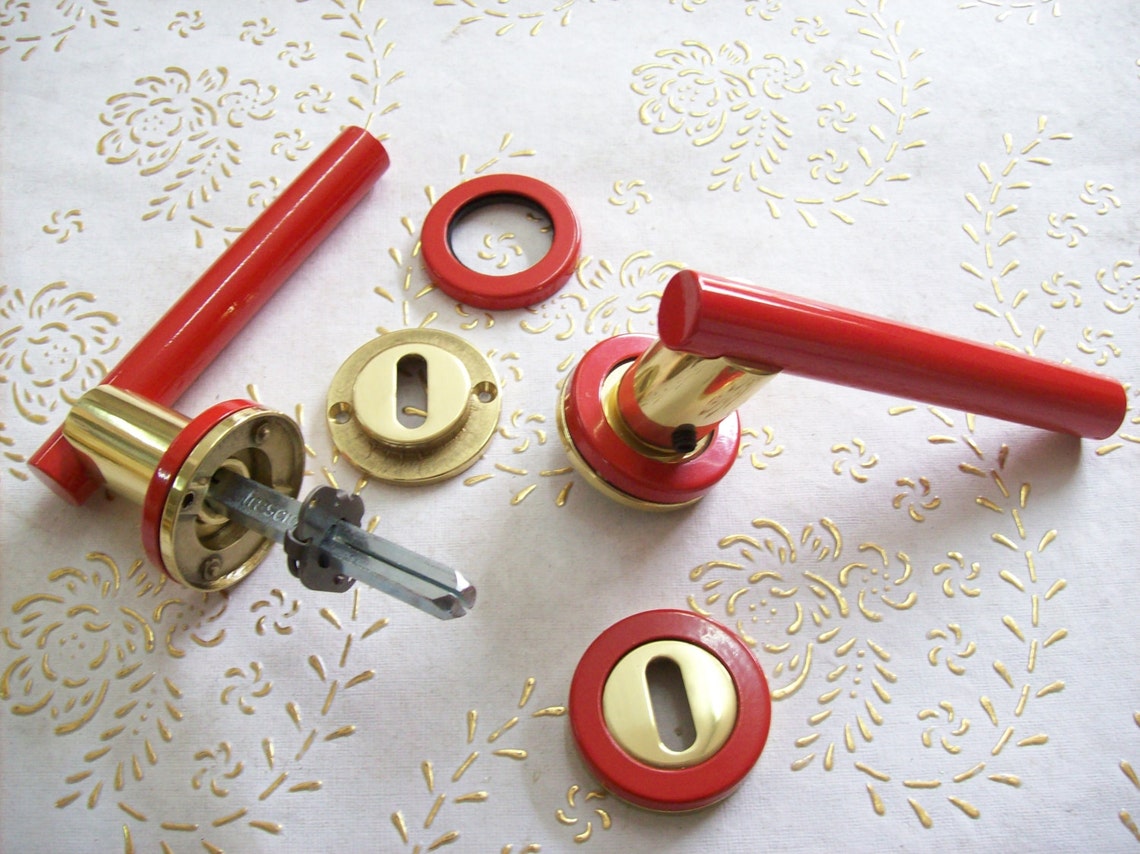 Vintage Italy handle in polished brass gold and red color of | Etsy