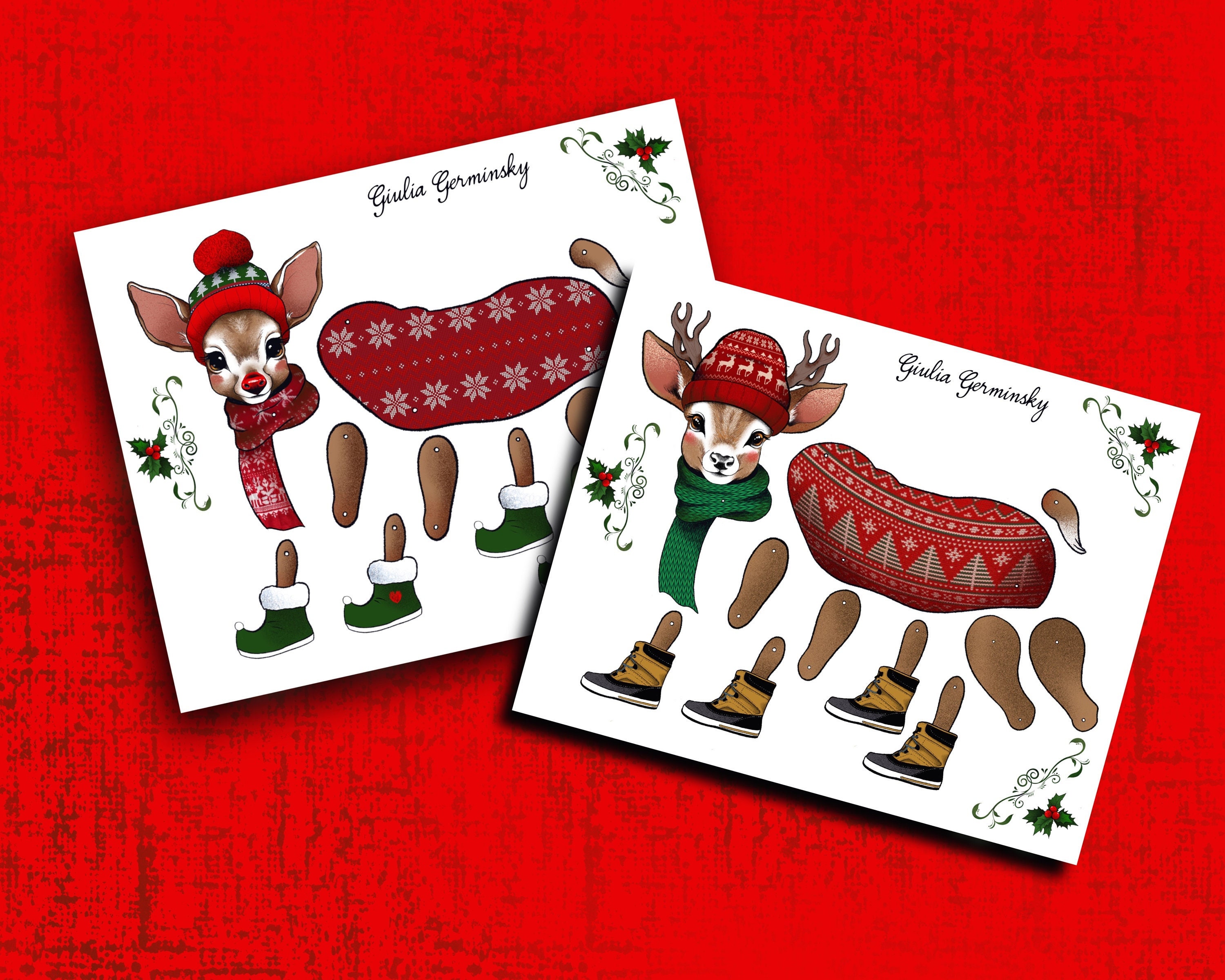 2 Articulated Printable Paper Reindeers, Digital Download, Paper Dolls ...