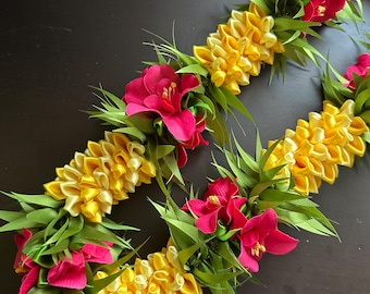 Plumeria Spiral Ribbon Lei W/ Wood Beads - Hawaiian Lei - Graduation ...