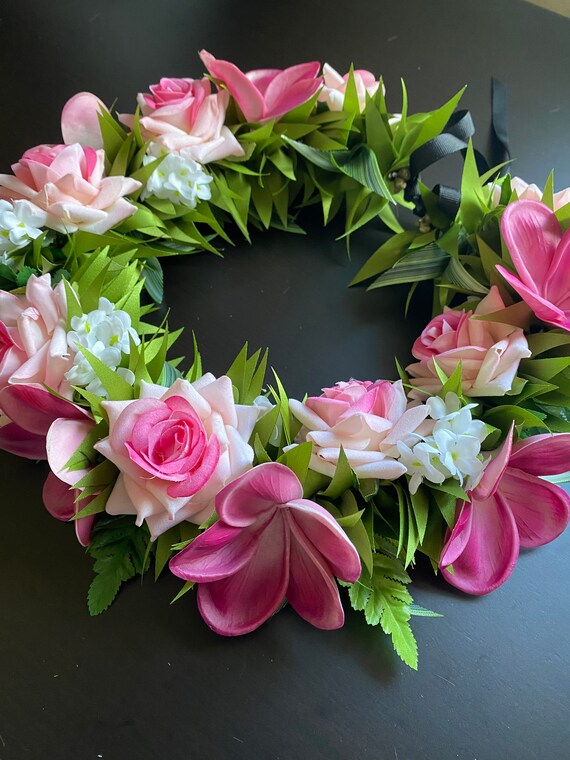 Real Touch Plumeria and Velvet Pink Rose Haku Lei Flower Crown | Etsy