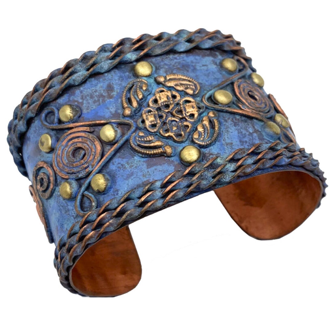 Anju Jewelry Rivets and Filigree Shapes Blue Copper Patina Bracelet ...