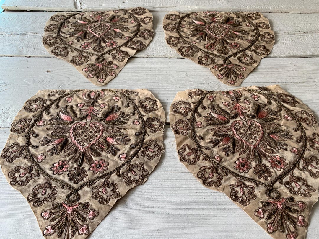 One 9 by 10 Inch Victorian Brocade Fragment Metallic & Floss Embroidery ...