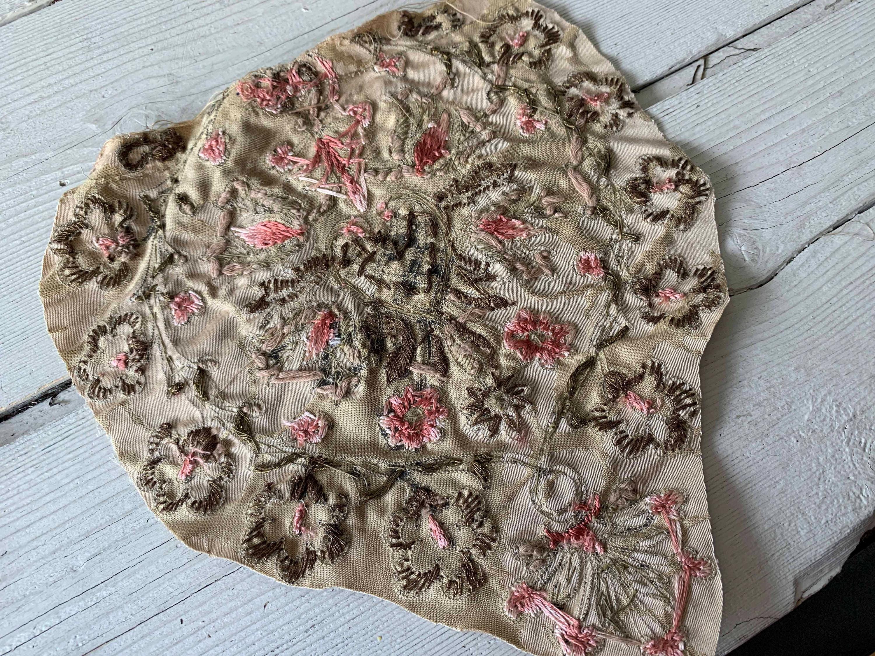 One 9 by 10 Inch Victorian Brocade Fragment Metallic & Floss Embroidery ...
