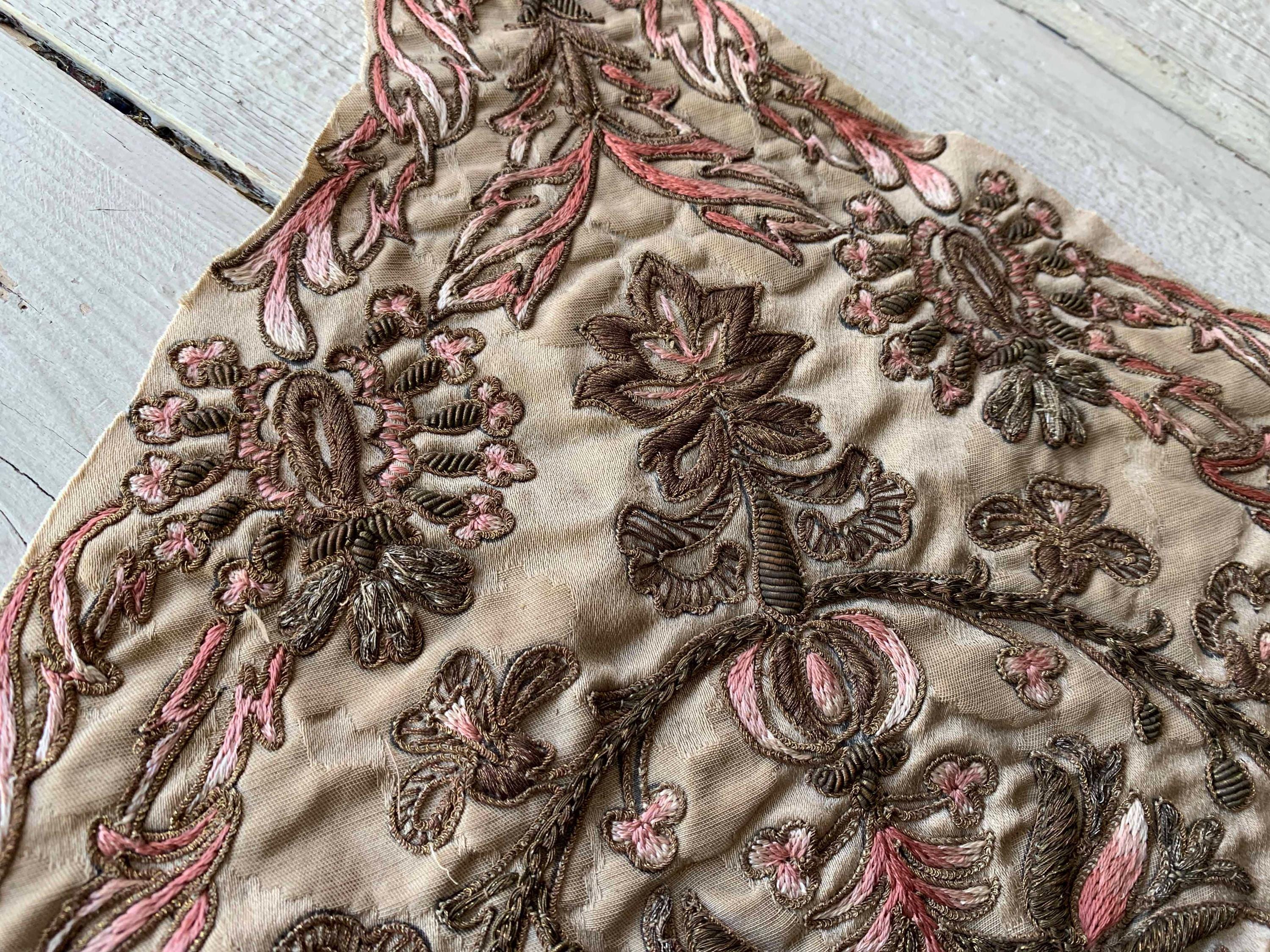 Large Victorian Brocade Fragment With Metallic & Floss Embroidery ...