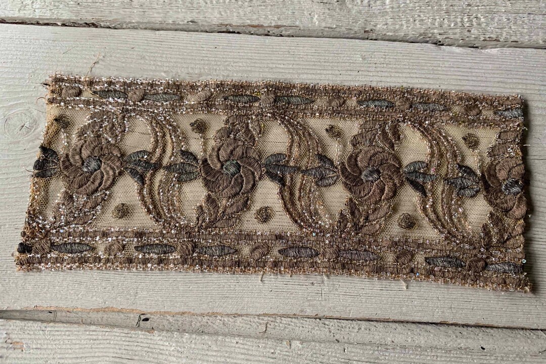 10 Inches Antique French Net With Metallic and Beaded Embroidery Please ...