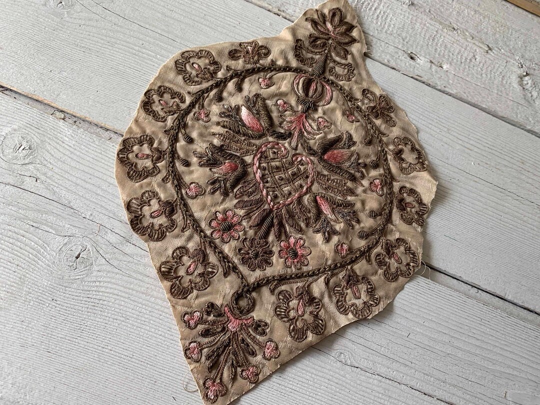 One 9 by 12 1/2 Inch Victorian Brocade Fragment Metallic & Floss ...