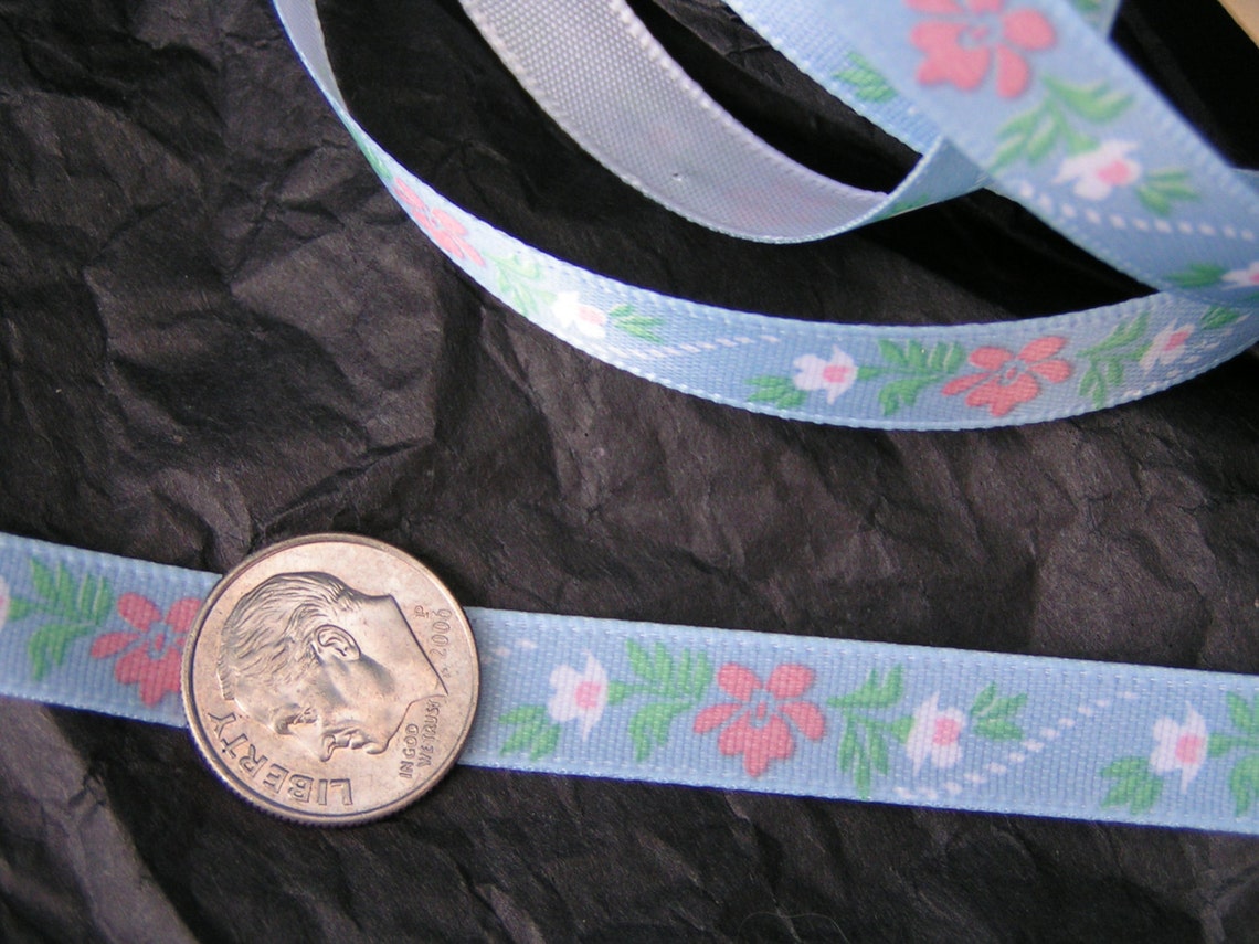 Dainty Soft Blue Floral Satin Ribbon or Black Grosgrain With - Etsy