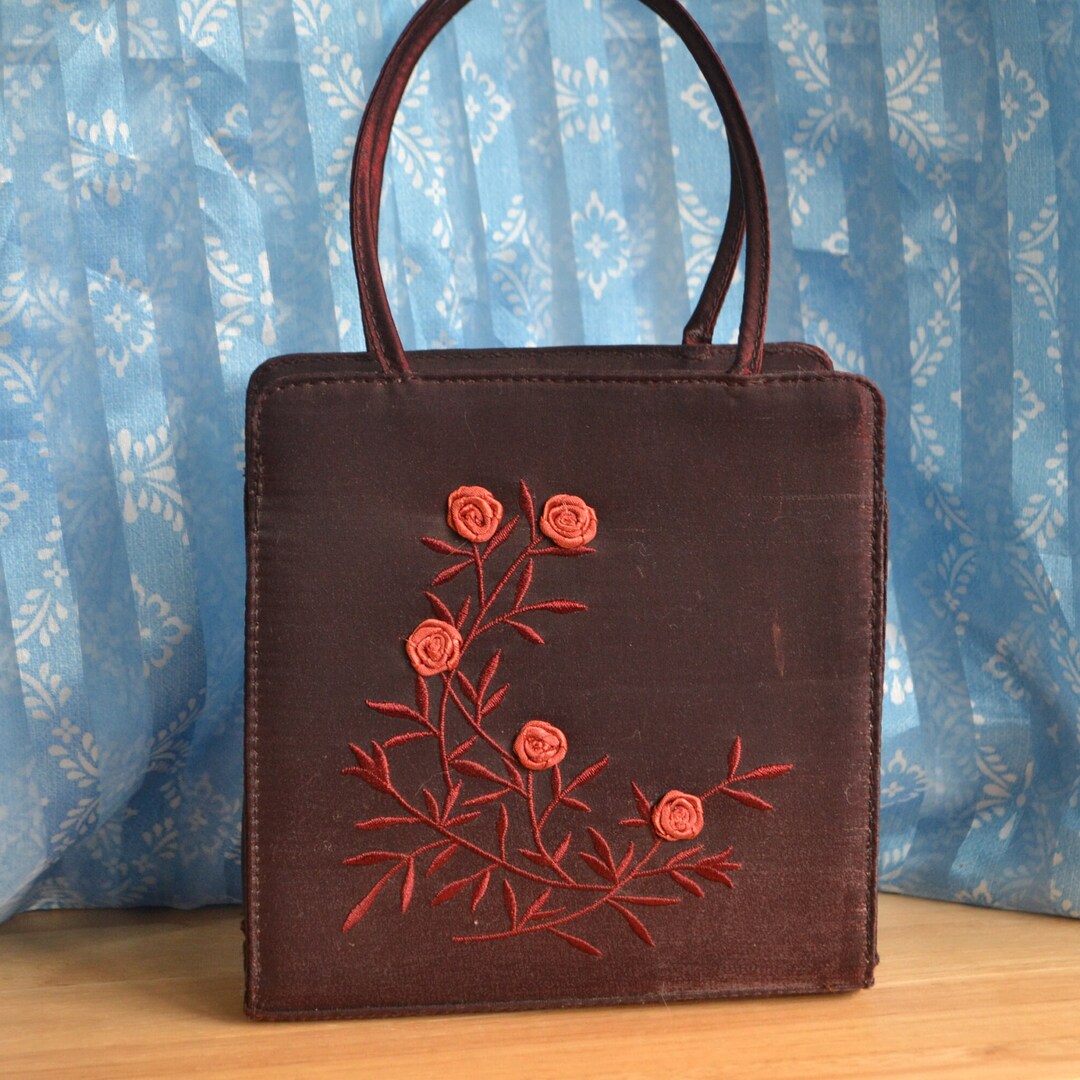 Vintage Maroon Iridescent Handle Purse: Embroidered Roses Evening Bag ...