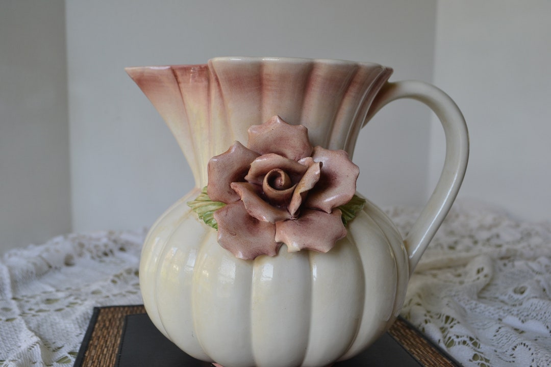 Large Italian Pitcher, Hand Sculpted Rose, White and Pink Home Decor ...