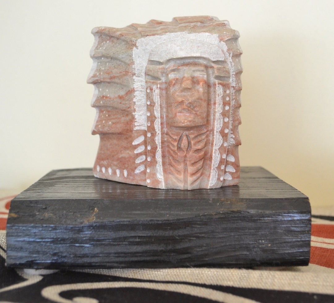 Alabaster Native American Sculpture Pink Hue With Detailed Headdress ...