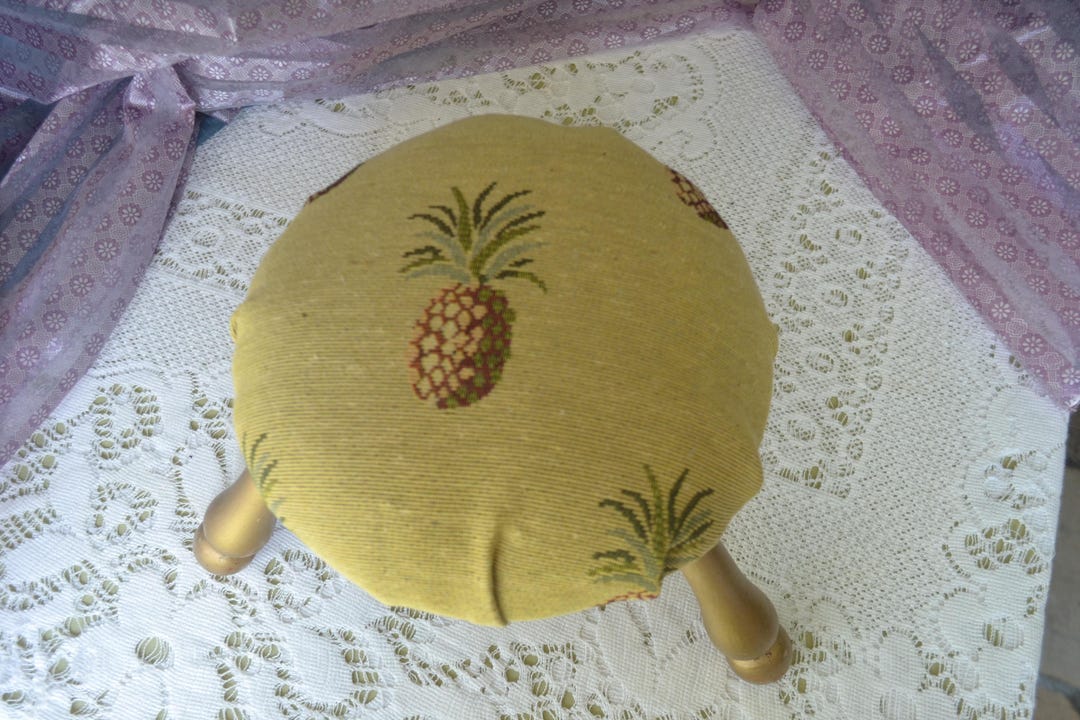 Vintage Wooden Stool: Pineapple Upholstery, Gold Legs - Etsy