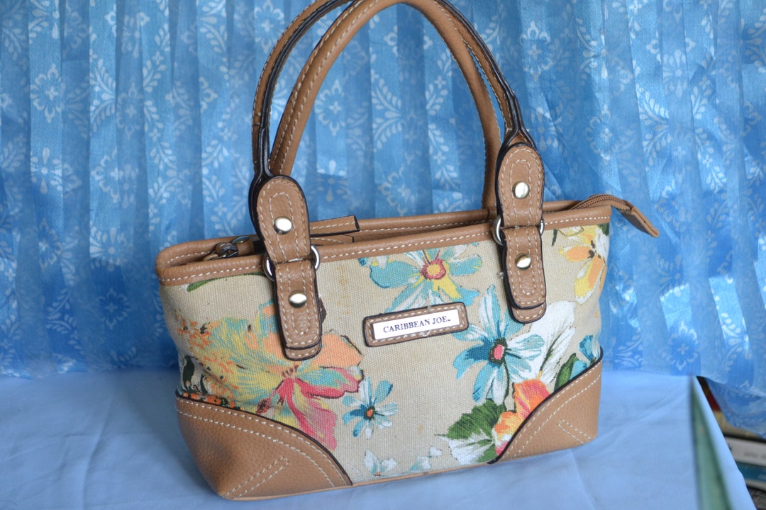 Caribbean Joe Floral Handbag: Tan Faux Leather Trim, Vintage Small ...