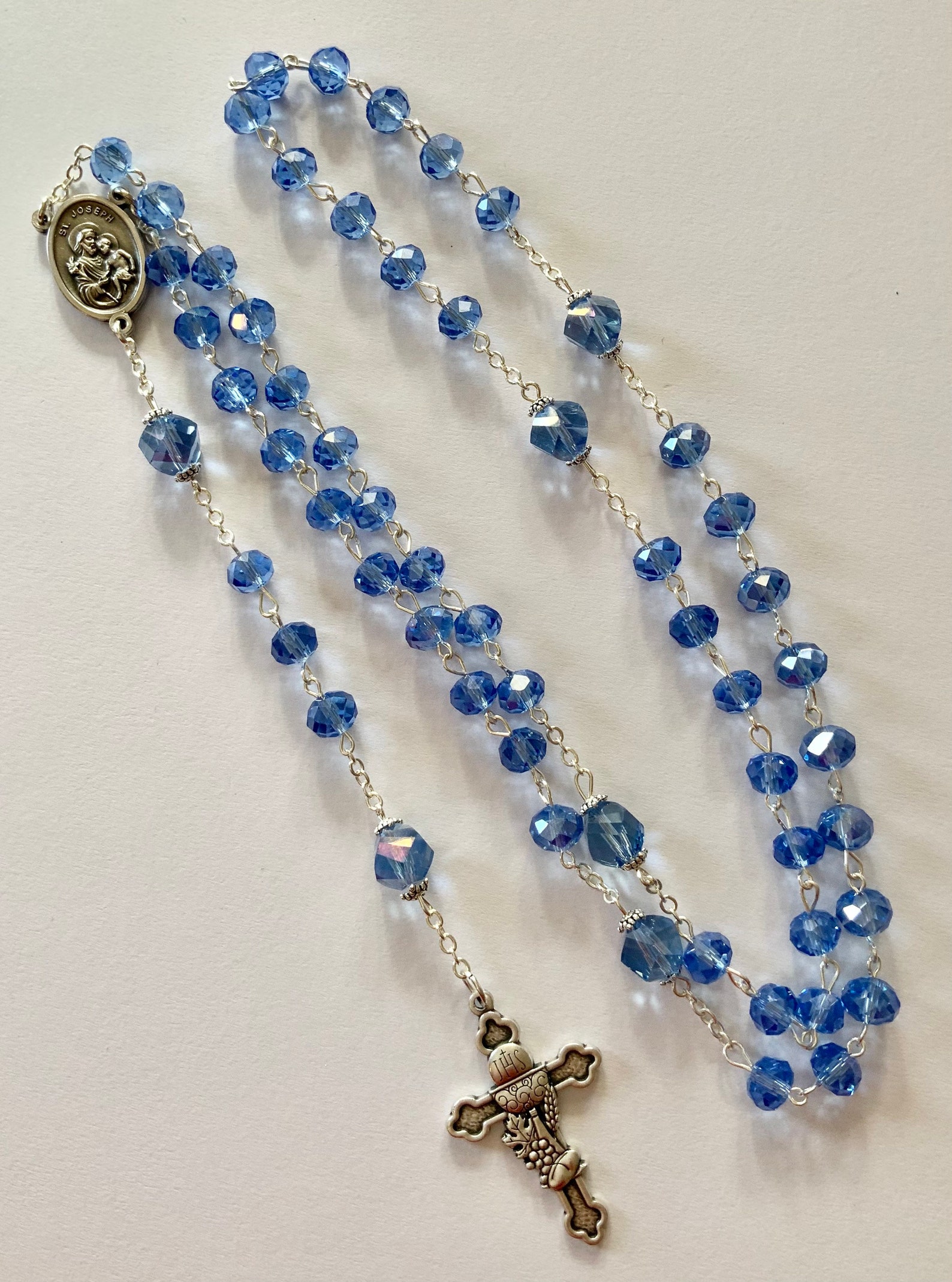 First Communion Saint Joseph Rosary: Blue Crystal Saint Joseph Rosary ...