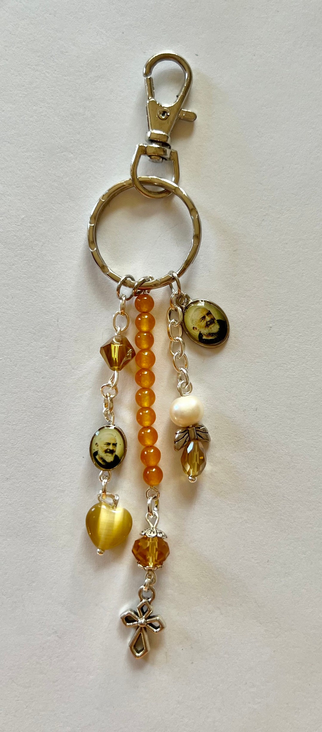 KEY006 Amber Padre Pio With an Angel Rosary Keychain, Padre Pio ...