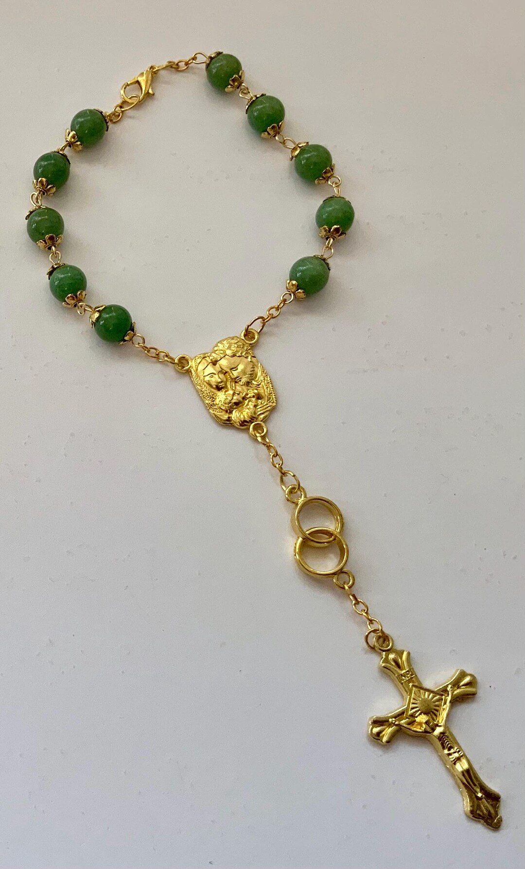 03 WRR103 Gold Tone Holy Family Green Jade Infinity Wedding Rosary ...