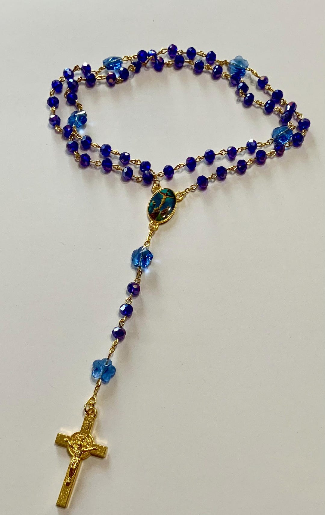 Dark Blue Crucifixion Rosary: 19 Dark Blue Electroplated Glass Beads ...