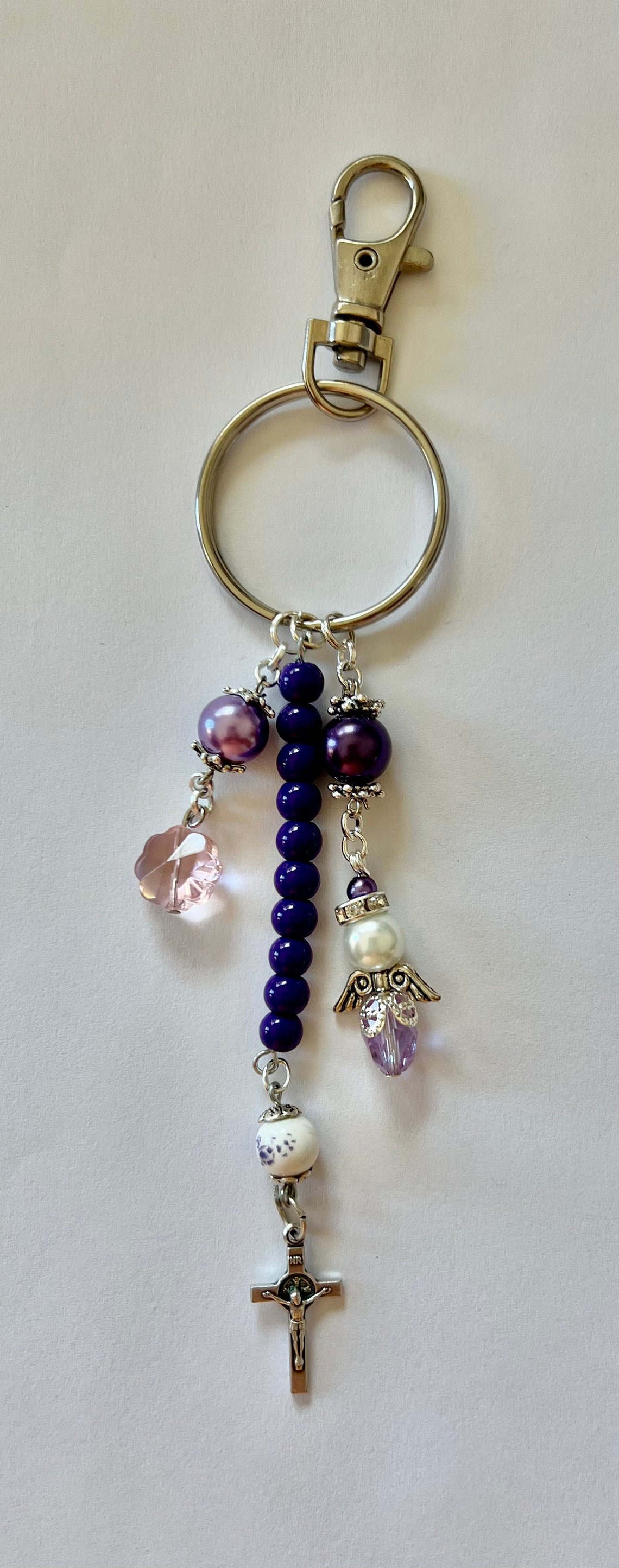 Purple and Pink Saint Benedict Rosary Charm and Keychain: Angel Saint ...