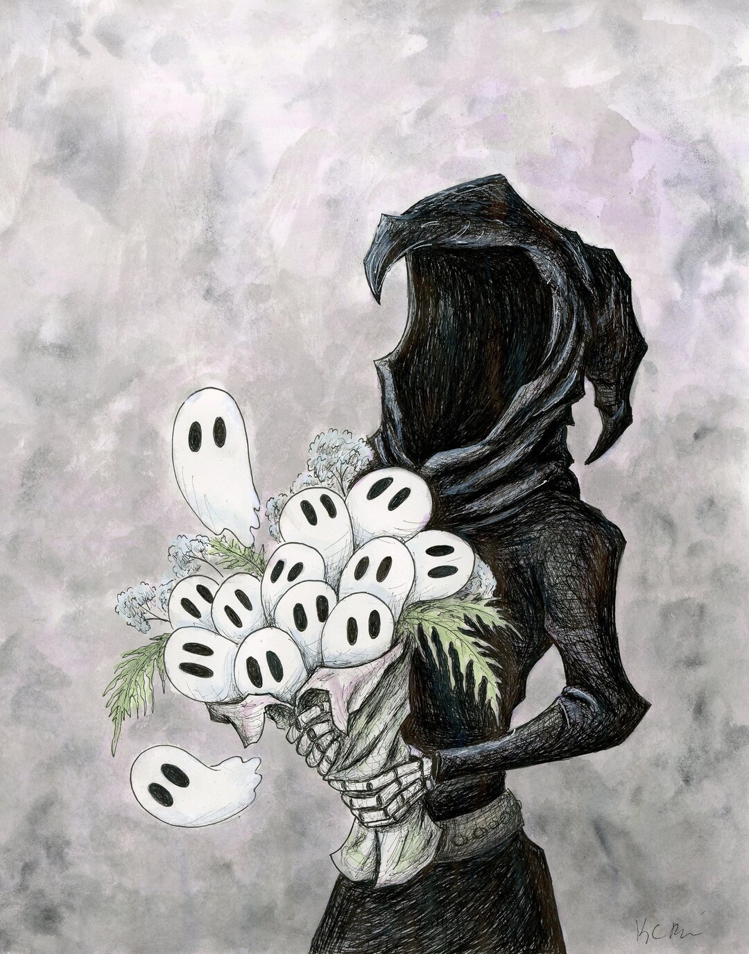 162- Boo-quet Grim Reaper, Halloween Valentine, Fantasy Art Print - Etsy