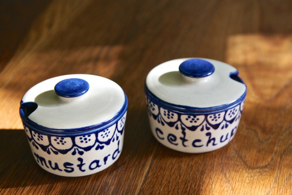 Vintage Pair of Ceramic Condiment Dishes With Lids in White and Blue ...