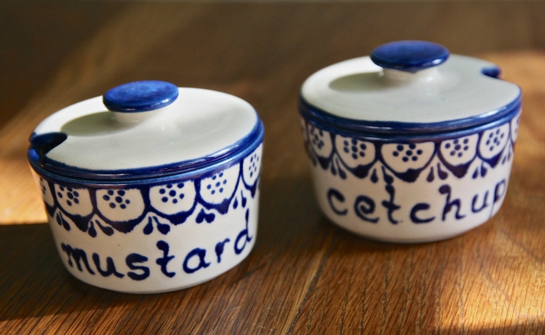 Vintage Pair of Ceramic Condiment Dishes With Lids in White and Blue ...