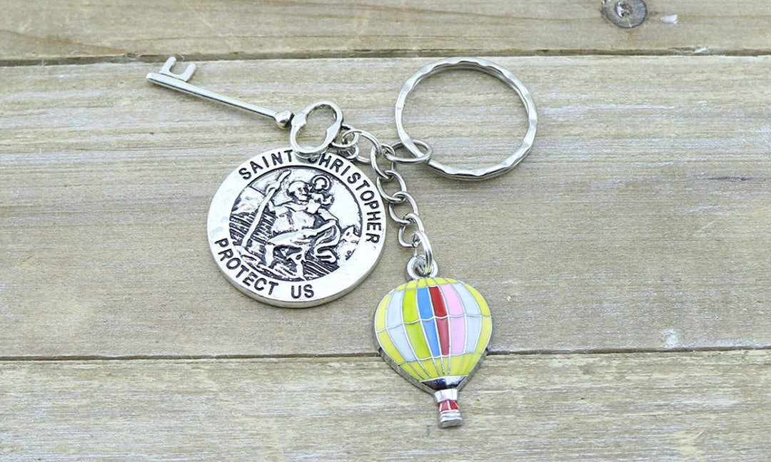 Silver Travel Key Ring or Necklace Featuring Enamel Hot Air Balloon, St ...