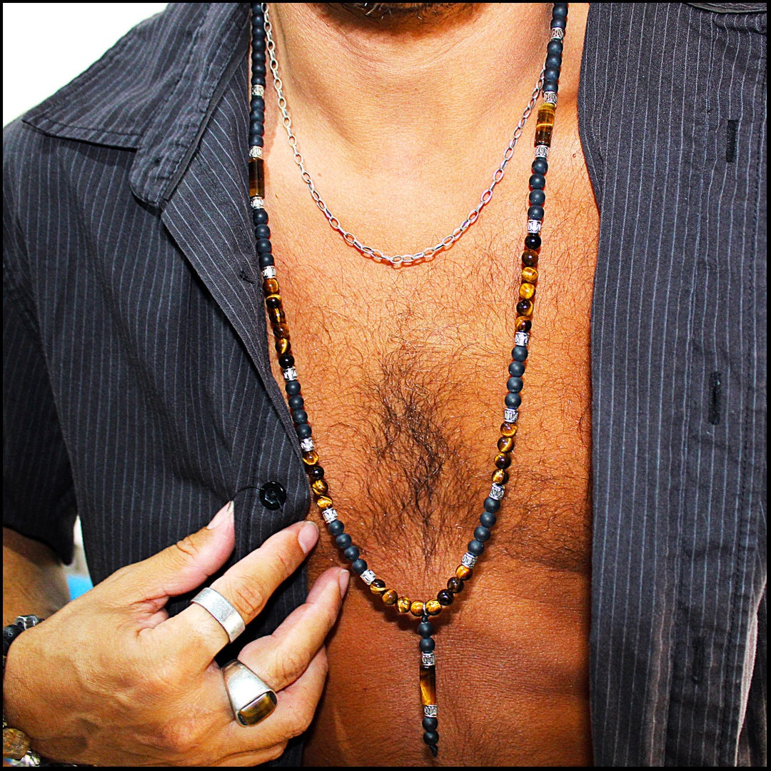 Men's Tiger Eye Rosary Necklace, Y Lariat Mala, Tribal Gemstone Jewelry ...