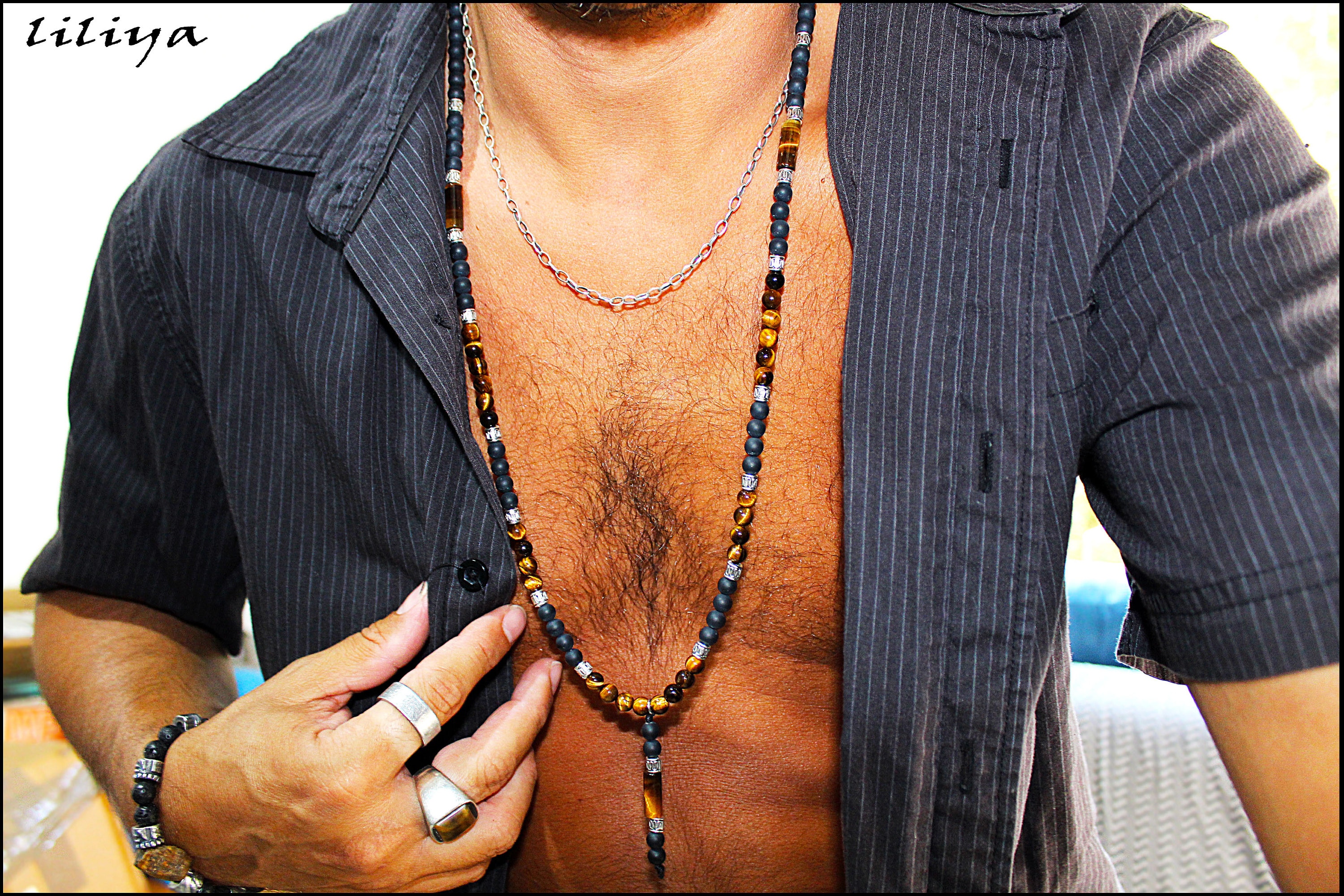 Lariat Necklace Mens Long Necklace High Fashion Boho Necklace Tiger Eye And Lava Gems T For