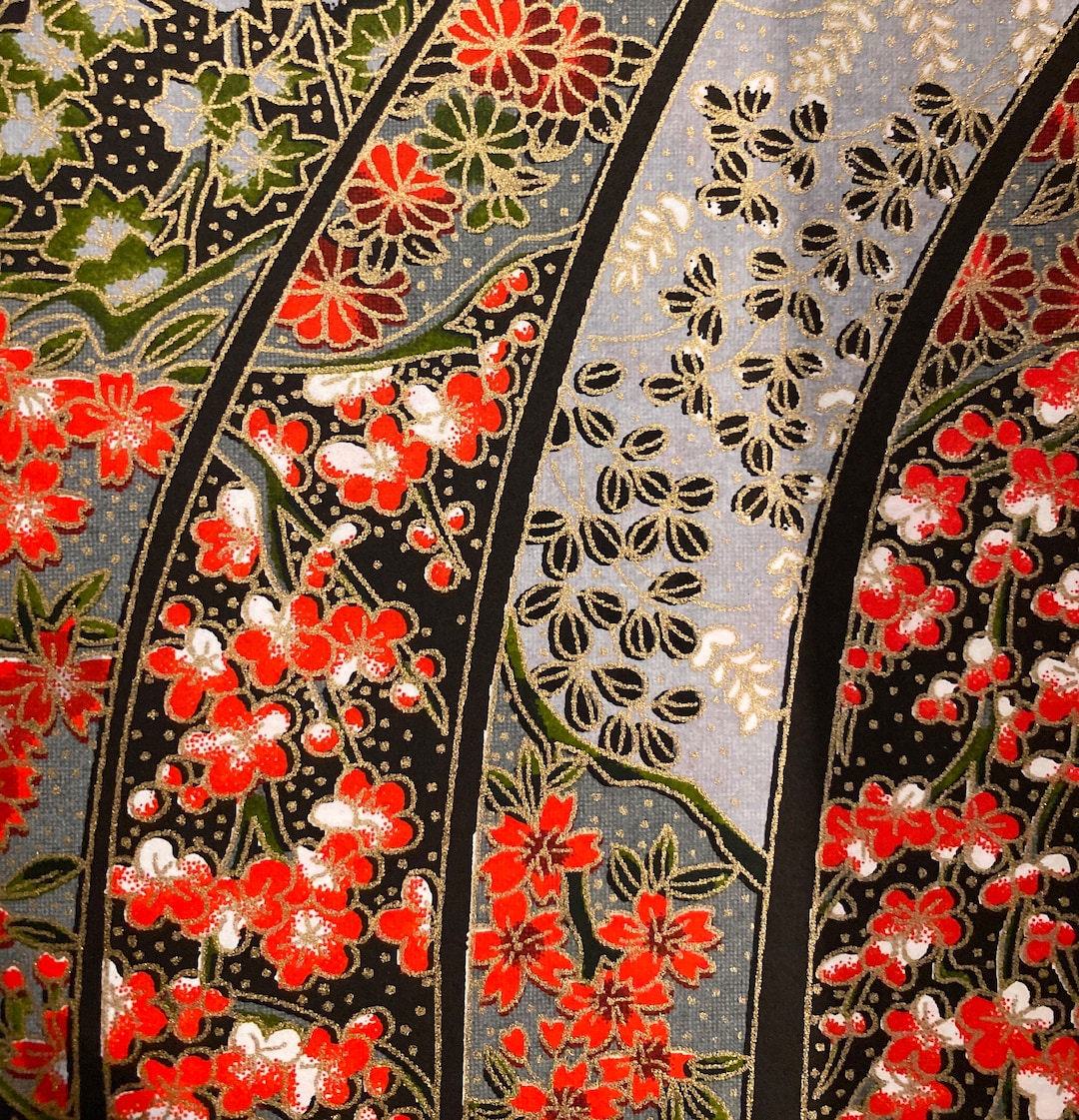 Red and Gold Floral, Japanese Chiyogami, Yuzen Paper, Silver and Black Origami Paper, Paper ...