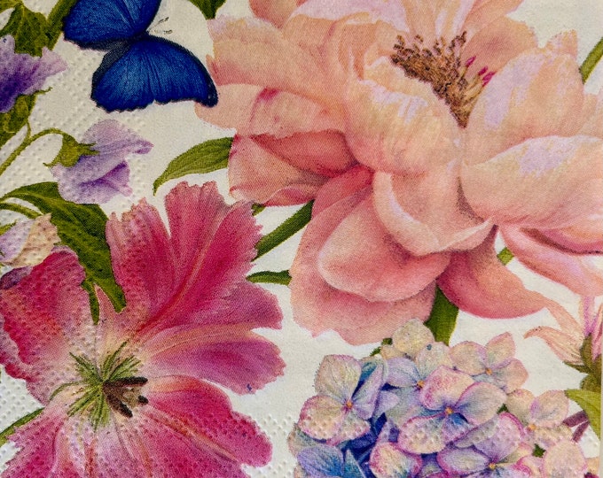 Pink and Purple Blossoms, Floral Paper Napkins, Peonies and Sweet Peas ...