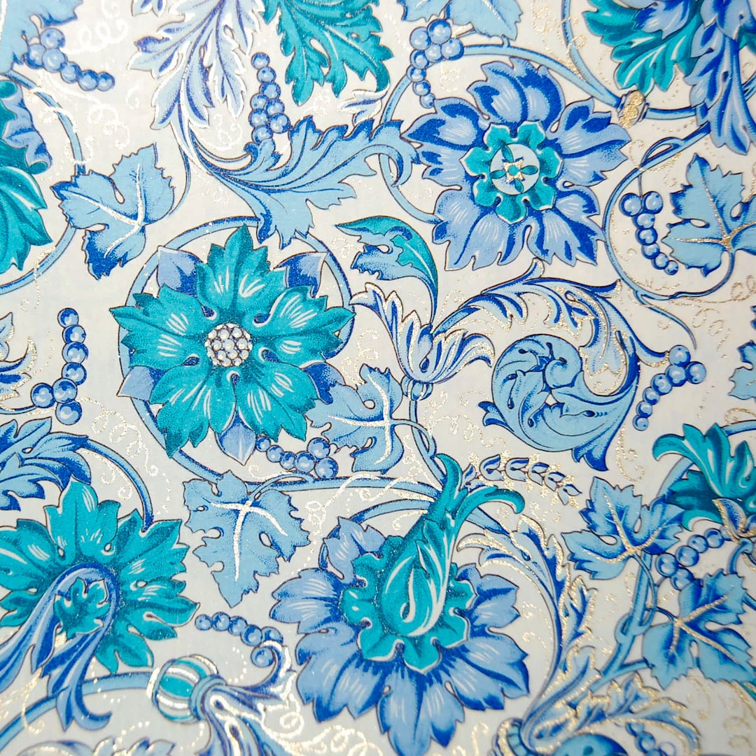 Florentine Paper, Gold Highlighted Paper With Blue Floral Motif for ...