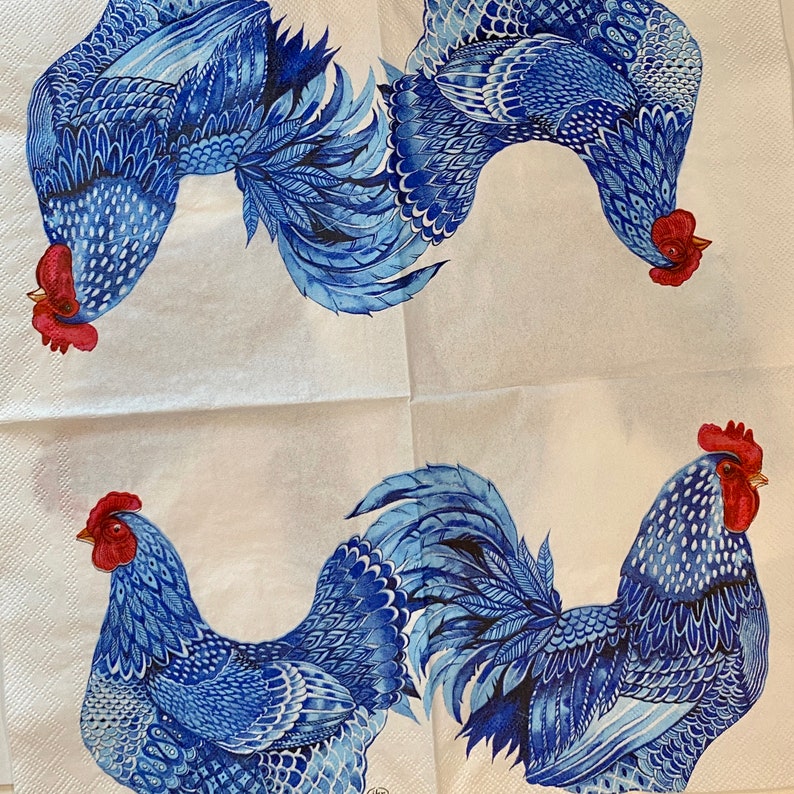 Blue and White Paper Napkin Blue Rooster 3 Decoupage - Etsy