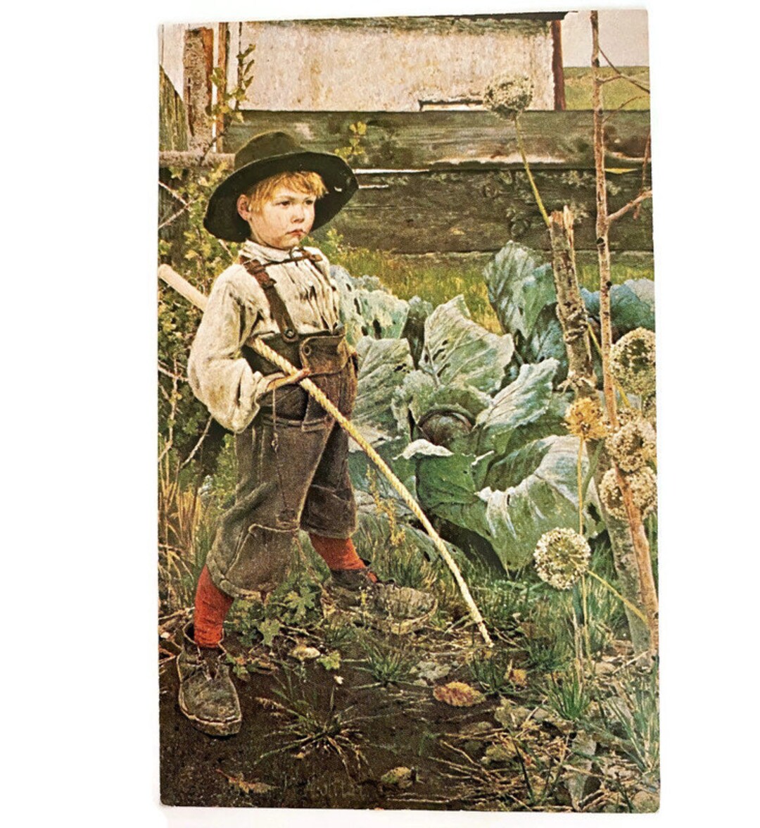 Vintage Postcard, German Art Postcard, Midcentury Ephemera, Farm Boy in ...