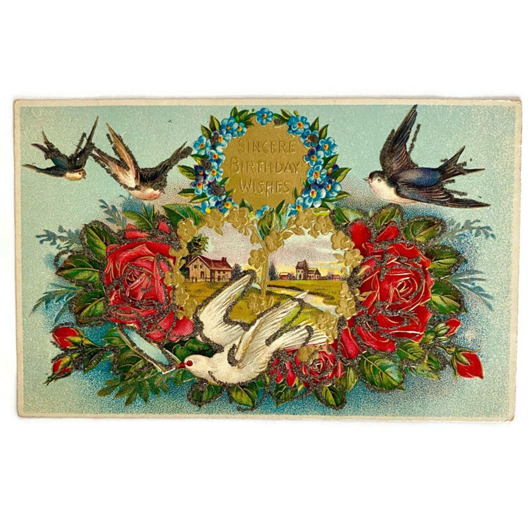 Vintage Postcard, German Art Postcard, Midcentury Ephemera, Swallows ...