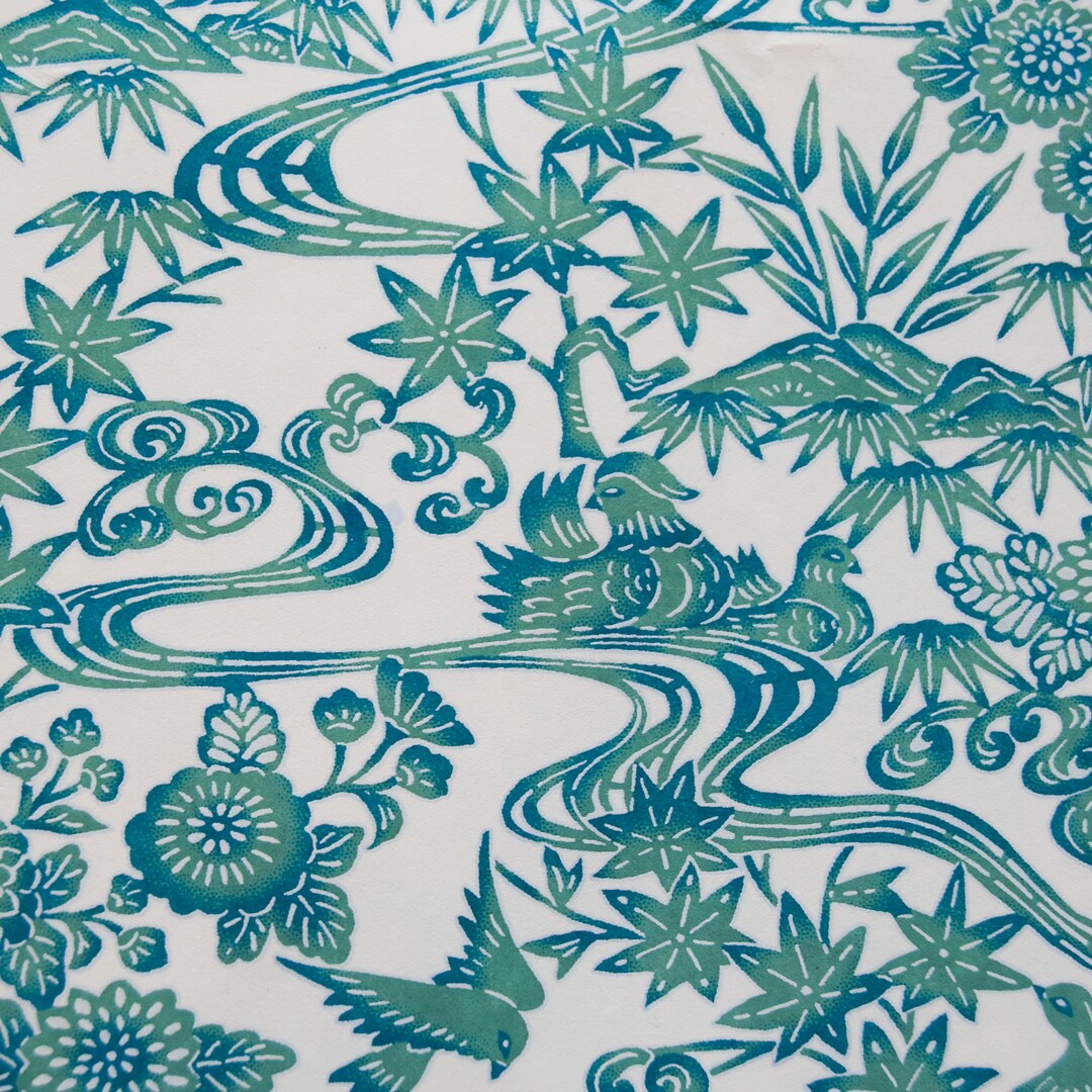 Japanese Chiyogami Paper: Green Leaves & Flowers, Cream Background (2 ...