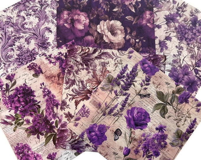 Purple Floral Paper Pack, Set of 6, Floral Patterned Sheets, 6" X 6 ...